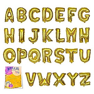 Wellin 16" Gold Foil Mylar Letter Balloons A-Z 26pcs Mega Pack, Aluminum Hanging Foil Film Alphabet Letter (A-Z (Pack of 26), gold)