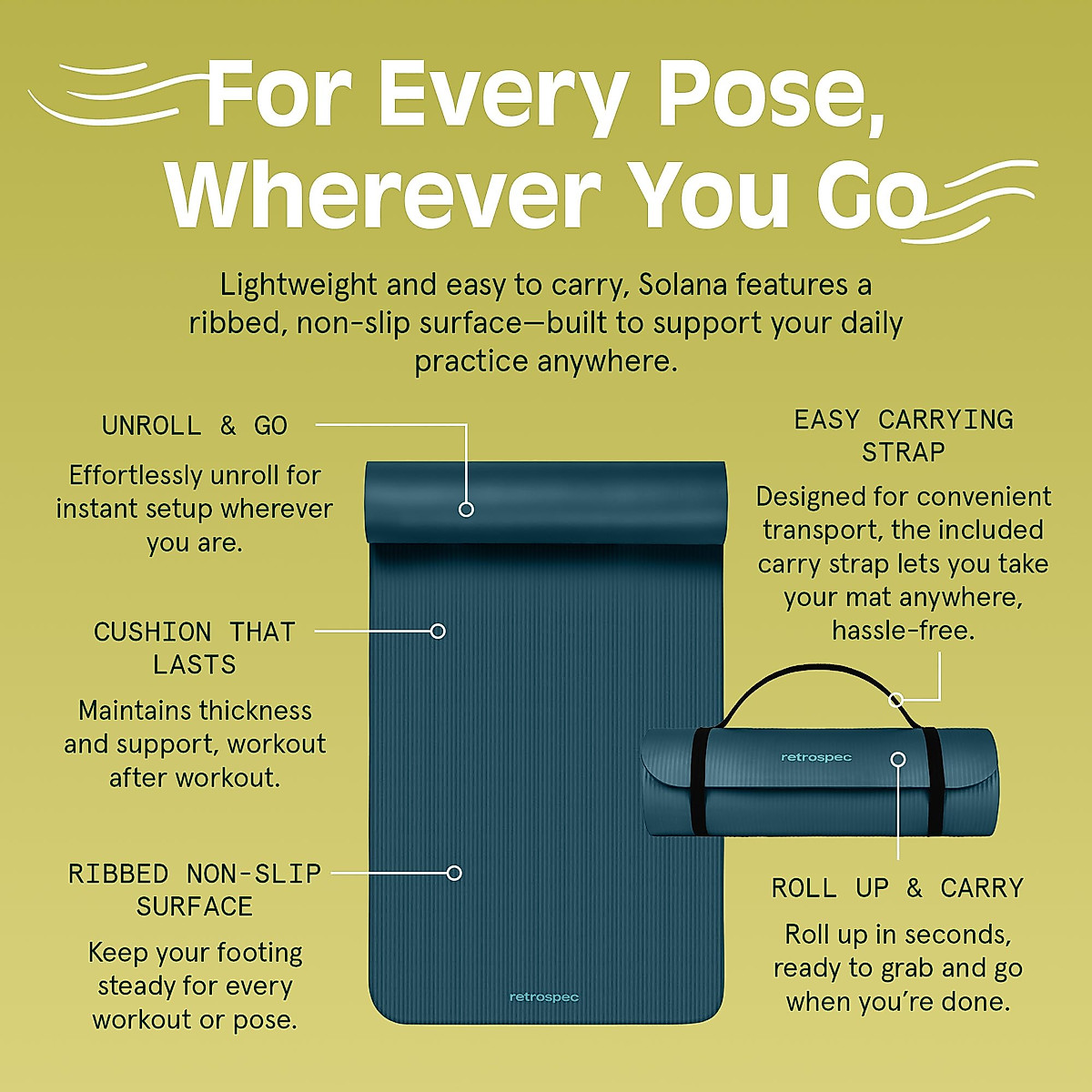 Retrospec Retrospec Solana Yoga Mat 1/2" Thick w/Nylon Strap for Men & Women - Non Slip Excercise Mat for Yoga, Pilates, Stretching, Floor & Fitness Workouts ,Ocean Blue