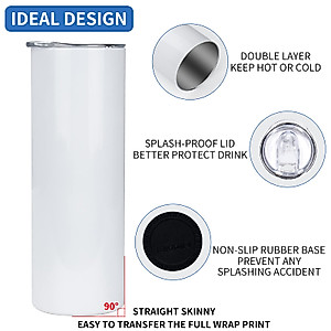 Sublimation Tumblers Bulk 20 oz Stainless Steel Tumblers Blanks Kit with Lid and Straw, 4 Pack Straight Skinny Insulated Tumblers with Sublimation Shrink-Wrap for DIY-Gifts