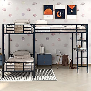 MOEO L-Shaped Twin Over Twin Metal Bunk Bed with Twin Size Loft Bedframe w/Desk and Shelf for 3 Kids, Adults, Bedroom, Bunkbed Attached, No Box Spring Need, Black