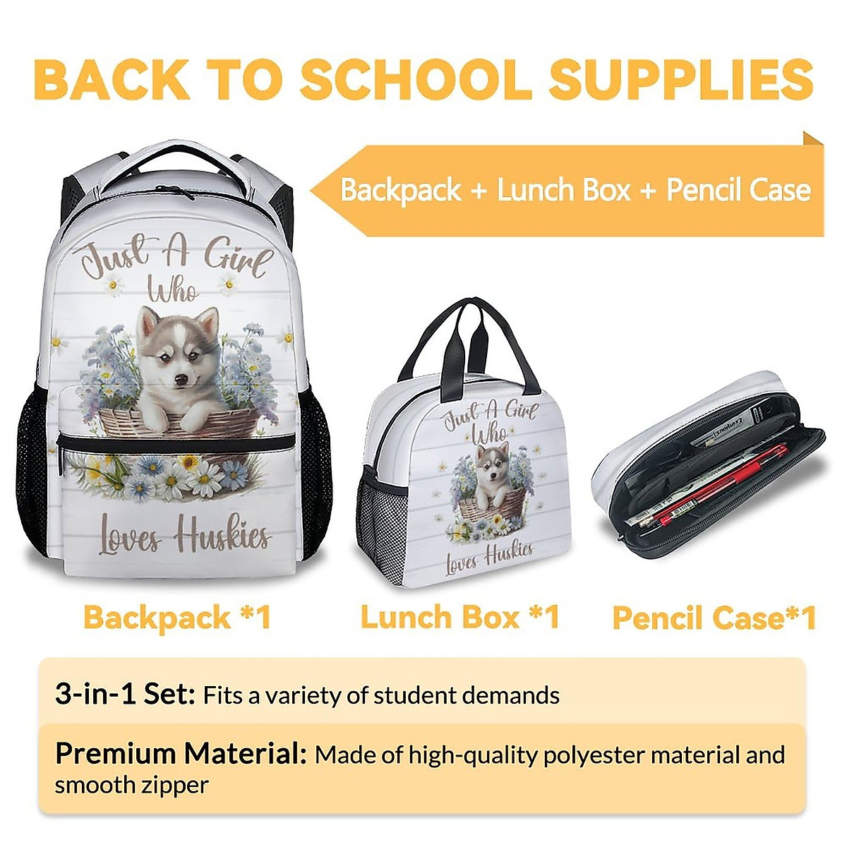 Husky Backpack with Lunch Box, Set of 3 School Backpacks Matching Combo, Cute White Dog Bookbag and Pencil Case Bundle