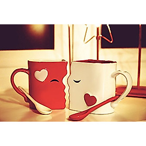 Blu Devil Kissing Mugs Set, Anniversary & Wedding Gifts, Exquisitely Crafted Two Large Cups & Spoons for Couples, for Him and Her on Valentines, Birthday, Engagement