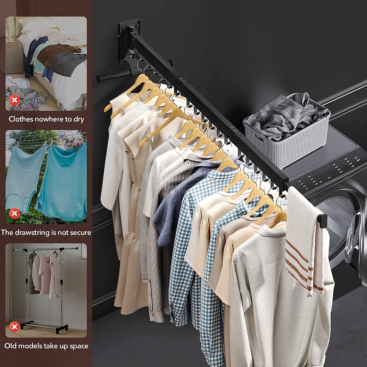 ZdwCyl Wall Mounted Clothes Hanger,Clothes Drying Rack,Laundry Drying Rack,Drying Rack Clothing,Laundry Hanger Rack,Retractable Dryer Racks,Collapsible, Aluminum,can be Fold Upward & Left & Right