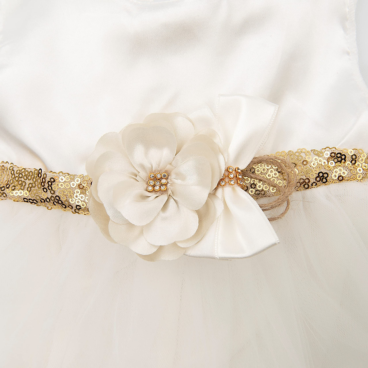 Newborn Baby Girl Lace Dress Set, 4 Pieces Outfit for Special Occasions (US, Age, 0 Months, White, Gold Belt)