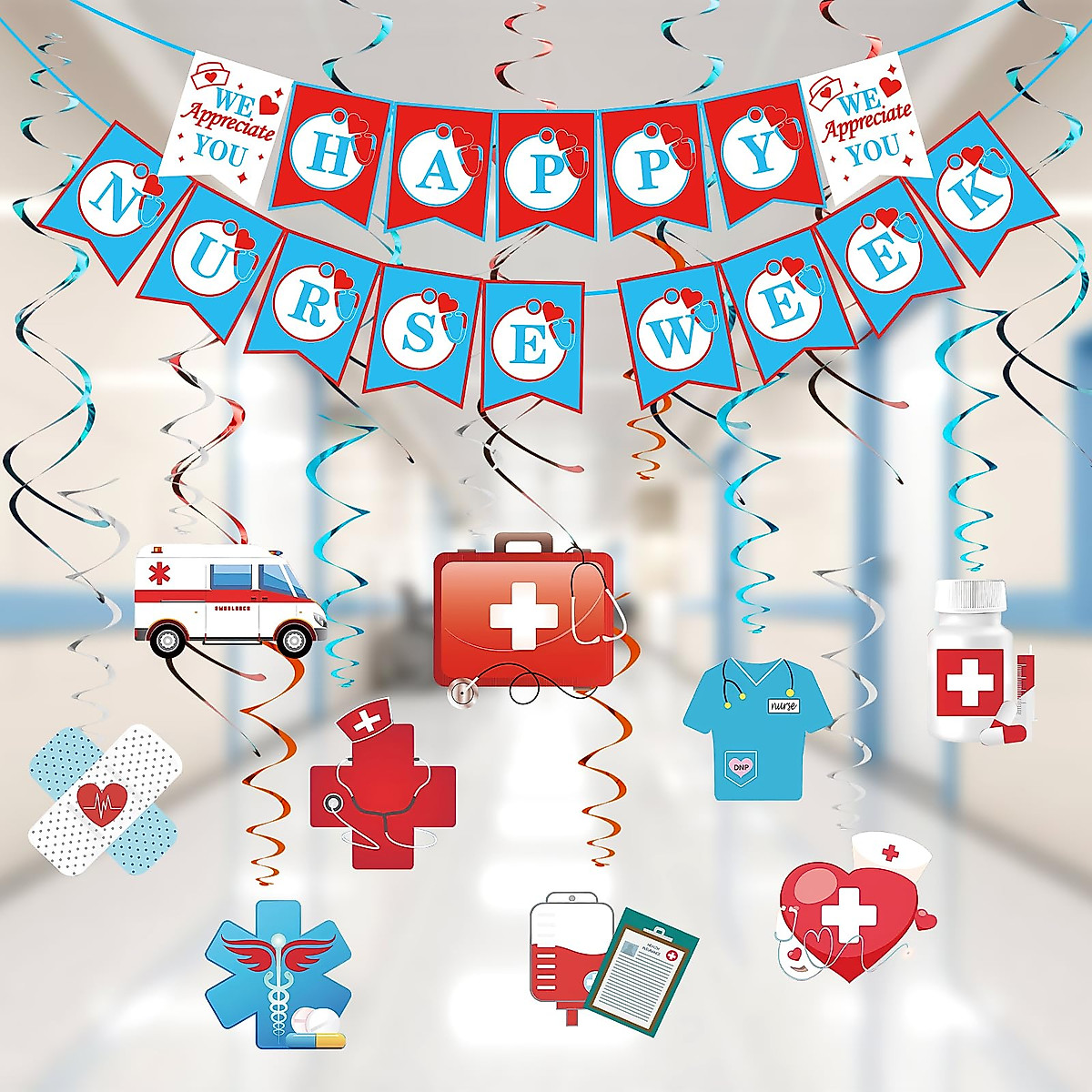 DMIGHT Nurses Week Decorations Set Include Thank You Nurses Porch Banners, Happy Nurses Week Banners, Hanging Swirls, Foil Balloons for Medical Party, RN Themed Party, Doctor Nursing Event Celebration