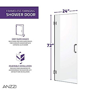 ANZZI 72" x 24" Frameless Shower Door in Brushed Nickel, Fellow Water Repellent Glass Shower Door with Seal Strip Parts and Handle, 3/8 inch Glass Hinged Shower Door with Handle (SD-AZ09-01BN)
