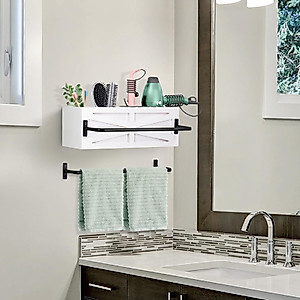 Hair Dryer Holder Wall Mount, Wood Hair Tool Organizer, White Hot Tools Organizer with 2 Towel Bars, Rustic Bathroom Organizer Blow Dryer Holder for Bathroom Decor, Flat Iron, Curling Wand, Brushes