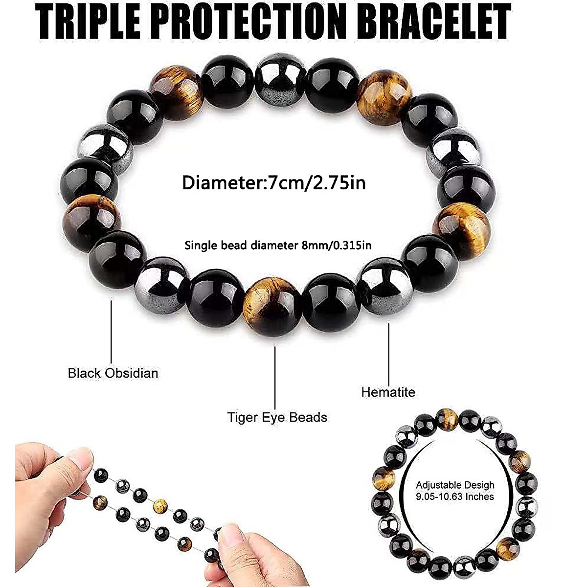 7 Chakra Yoga Meditation Bracelet Protection Bracelet , Double Layer Natural Gemstone Beads Bracelets，Tigers Eye Black Obsidian Hematite Black Agate Healing Crystal Bracelet,Feng Shui Handmade