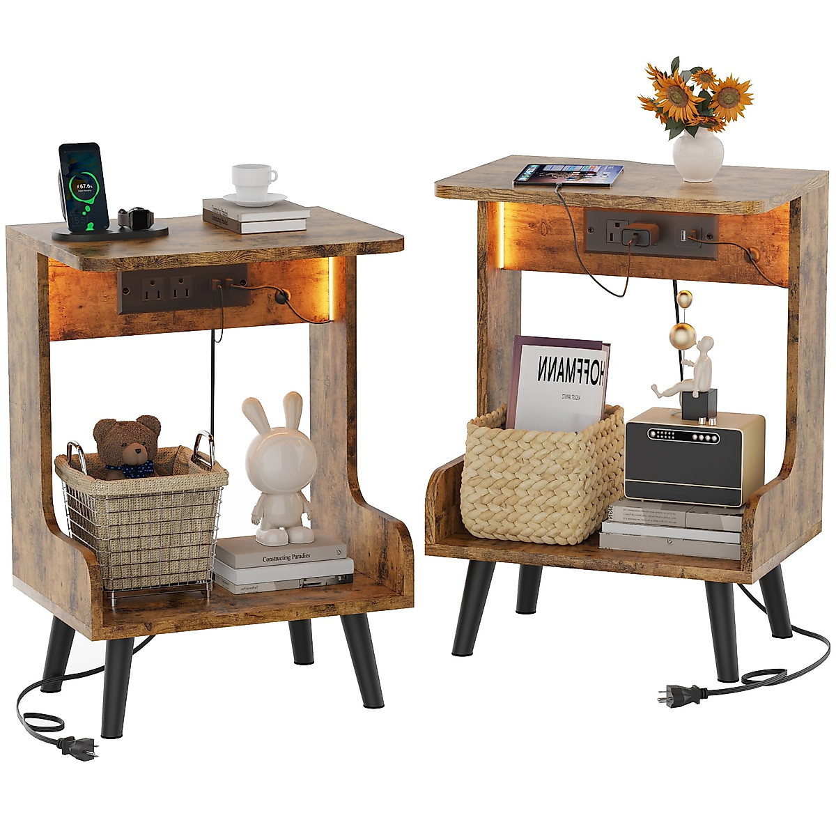 GYIIYUO Night Stands Set of 2 with Charging Station and Led Lights, Solid Wood Side Table with USB Ports and Outlets, Unique End Tables, for Bedroom, Rustic Brown