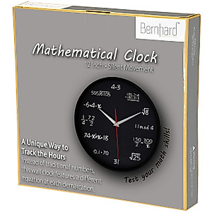 Bernhard Products Math Wall Clock Black 12 Inch Silent Non-Ticking Unique Gift for Teacher/Student/Engineer Graduate Quartz Round Battery Operated, Home Office School Classroom, Mathematical Equations
