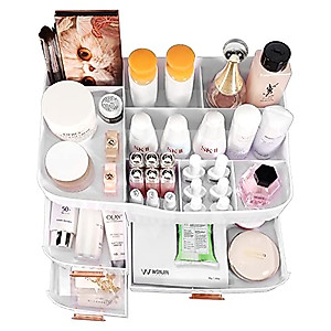 CGBE Makeup Organizer for Vanity, Large Cosmetic Organizer Countertop, Makeup Organizer with Drawers for Vanity, Lipstick, Brushes, Lotions and Jewelry Bathroom Counter or Dresser for Cosmetics-White