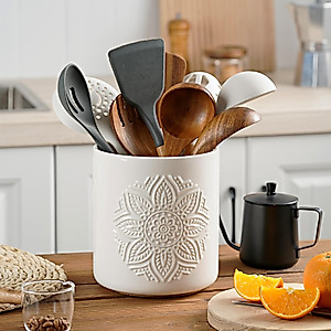 MIKIGEY Kitchen Utensil Holder, 7.2” Large Ceramic Cooking Utensil Holder with Cork Mat for Countertop, Utensil Crock for Farmhouse Kitchen Decor, Ceramic Stable Utensil Caddy, White