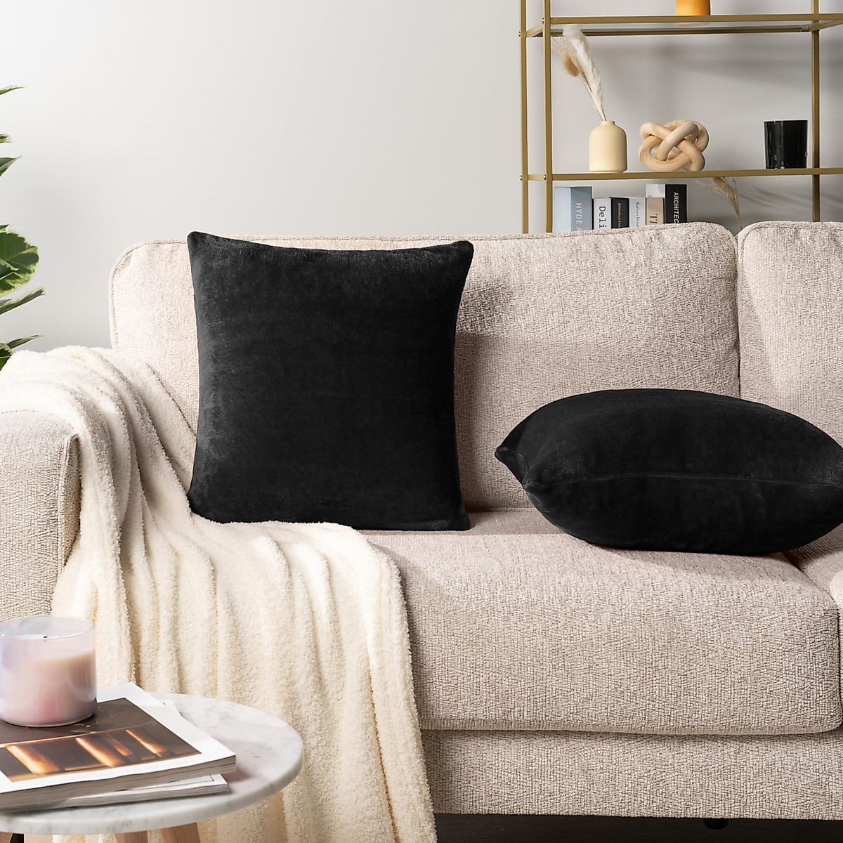 PAVILIA Black Throw Pillow Covers 18x18 Set of 2, Decorative Pillow Cases for Bed Sofa Couch, Boho Aesthetic Accent Decor Cushion for Bedroom Living Room, Velvet Square Euro Sham Covers, Solid Black