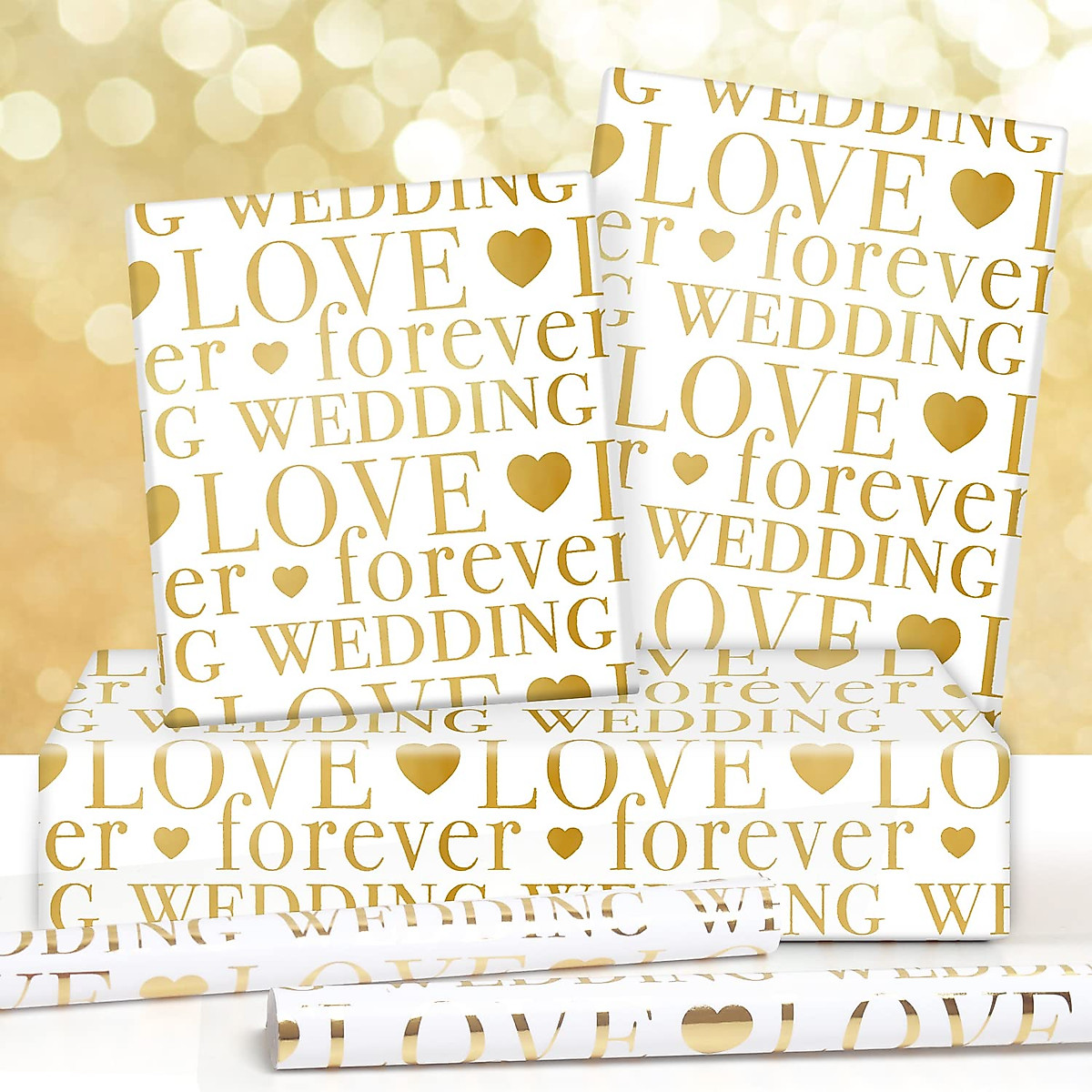 NEPOG Wedding Wrapping Paper, Love Forever Wedding Letter With Hearts White Gold Foil Design 6 Sheets Folded Flat 20x28 inches per Sheet for Valentines Day, Weddings, Bridal Showers, Engagements