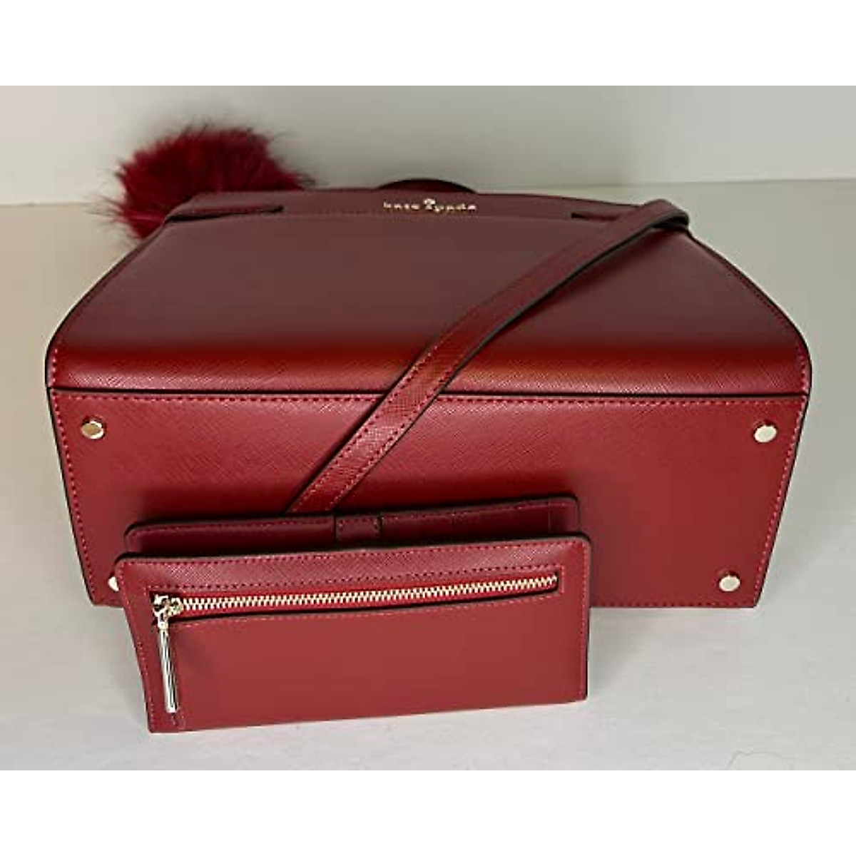 Kate Spade New York Staci MD Satchel bundled with matching Slim Bifold Wallet and Fur Pom (Red Currant)