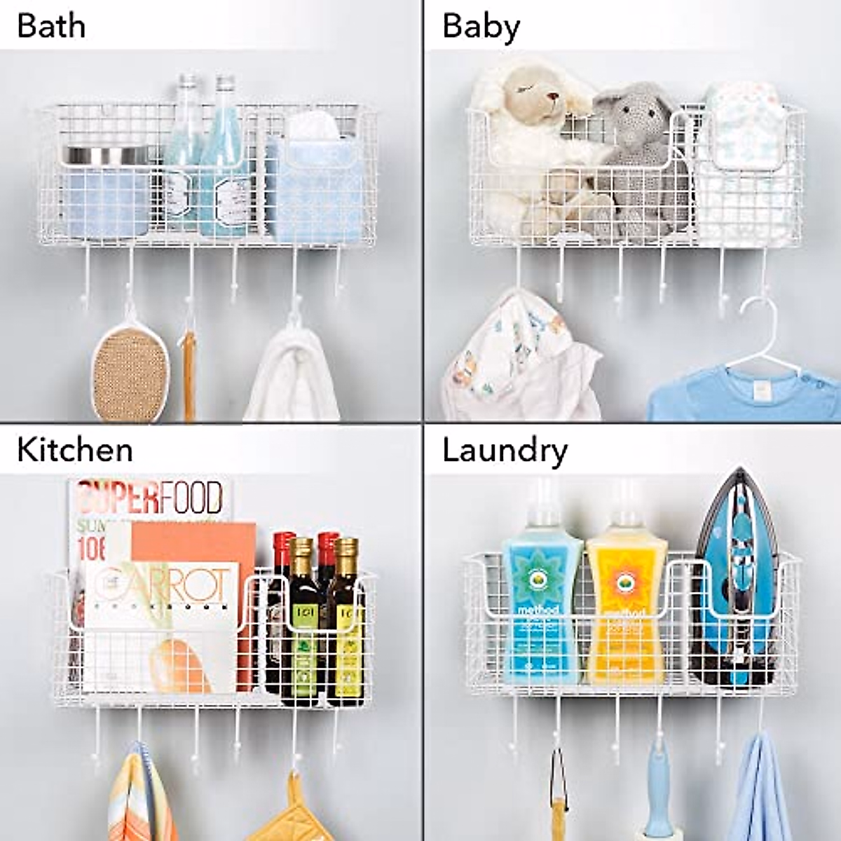 mDesign Metal Wire Farmhouse Wall Decor Storage Organizer Divided Basket with 6 Hooks for Entryway, Hallway, Mudroom, Bedroom, Bathroom, Laundry Room - Wall Mount - White