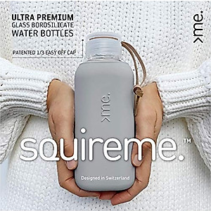 SQUIREME. Y1 Borosilicate Glass Water Bottles, Clear Bottle, Reusable, BPA Free, Tumbler, Dishwasher Safe, Drink Container, Silicone Sleeve, Easy-Off Lid, Hot and Cold Liquid, Concrete Grey 20oz