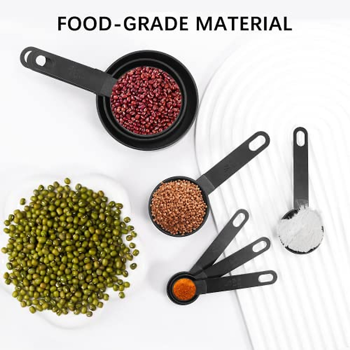 NileHome Measuring Cups and Spoons Set, Plastic Measuring Spoons 8 Piece Includes 4 Measuring Cup Set and 4 Measuring Spoons Set Stackable Stainless Steel Handle Measure Cups for Cooking&Baking, Black