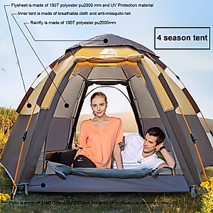 HEWOLF Camping Tent 3 to 4 Person Automatic Pop Up Tent Hexagonal Hydraulic Tents Waterproof UV Protection Dome Tent Double Layer Ultra Large Family Tent for Garden Camping Hiking Tents - Camel