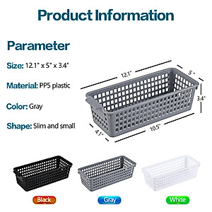 Hayixia Gray Plastic Slim Storage Basket, Small Shelf Organizer Basket Tray, Set of 12