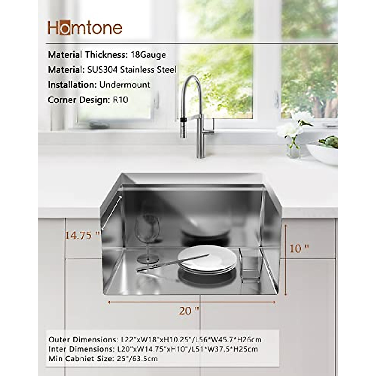 Homtone 22x18 Inch Workstation Kitchen Sink Undermount, Stainless Steel 10" Deep Single Bowl Sink, Workstation Sink with Accessories