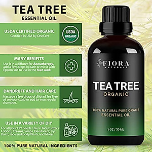 Tea Tree Essential Oil by Fiora Naturals- 100% Pure Organic Oil, for Face, Hair, Skin, Acne, Scalp, Foot and Toenails. Melaleuca Alternifolia, 1 oz /30ml