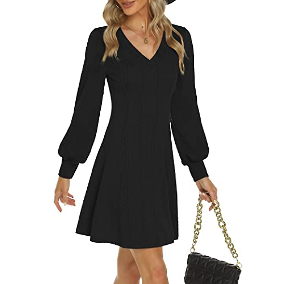 OYANUS Womens V Neck Long Sleeve Sweater Dress Fall Latern Sleeve Knit Flowy Short Mini Skater Dresses Black L