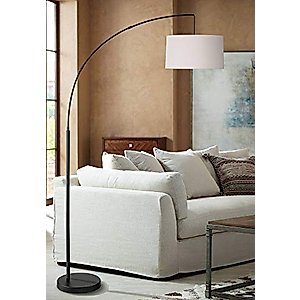 360 Lighting Cora Mid Century Modern Arc Floor Lamp 72" Tall Black Metal White Linen Fabric Drum Shade Decor for Living Room Reading House Bedroom Home Office House