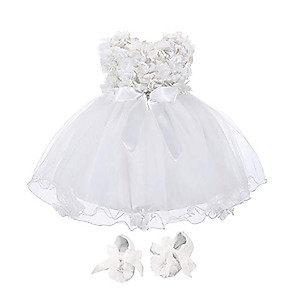 Bow Dream Baby Flower Girl Dress with Shoes Applique Birthday Princess Party White 0-3 Months