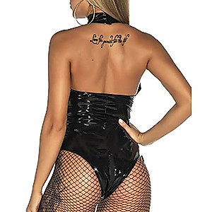 XINSHIDE Plus Size Lingerie for Women Sexy Naughty Open Front Fishnet Mesh Sheer Babydolls Teddy Snap Crotch Halter Leather Bodysuits