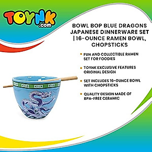 Bowl Bop Blue Dragons Japanese Ceramic Dinnerware Set | Includes 16-Ounce Ramen Noodle Bowl and Wooden Chopsticks | Asian Food Dish Set For Home & Kitchen | Kawaii Anime Gifts and Collectibles