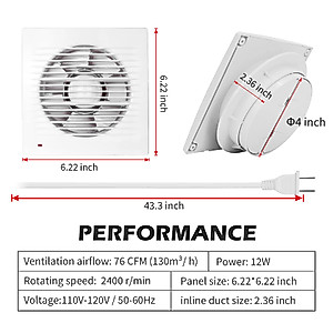 HUGOOME Exhaust Fan, 12W Ventilation Extractor with Anti-backflow Check Valve Ultra Thin, Window and Wall Mount Vent Fans for Kitchen Bathroom Greenhouse Garage (4 inch / 110V) Thin fan