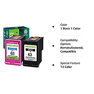 GREENBOX Remanufactured Ink Cartridge Replacement for HP 63 63 to use with OfficeJet 3830 Envy 4512 4520 Officejet 4650 5255 Deskjet 1112 3634 3632 3639 Printer (1 Black 1 Color)