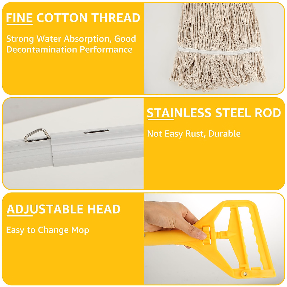 WOPPLXY Looped-End String Wet Cotton Mops, Heavy Duty Industrial Commercial Mop with Extra Mop Head Replacement, 75 Inch Aluminium Alloy Pole, Wet Mop for Floor Cleaning