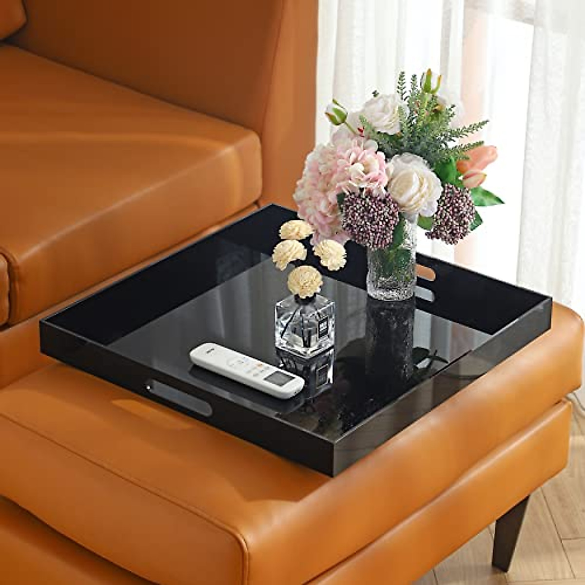 MUKEEN Black King Size Large Acrylic Serving Tray for bed-24x24 Inch -Spill Proof- Decorative Trays Countertop Organizer for Ottoman,Nightstand, Sidetable, Butler (24X24 Inch, Black)