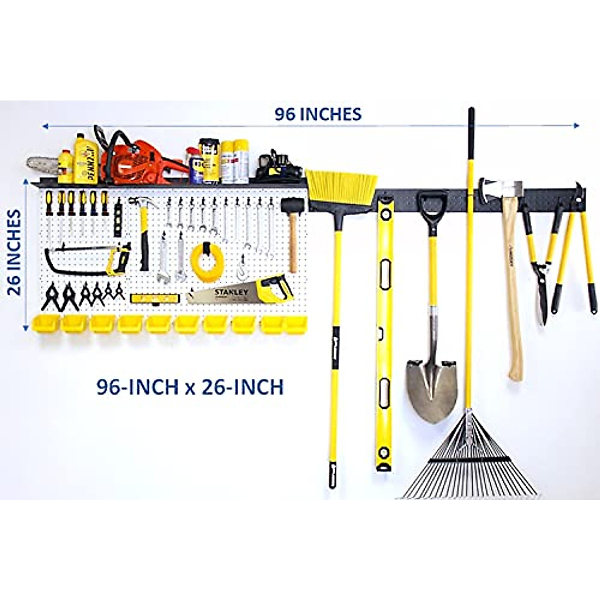 WALLPEG Pegboard Wall Organizer 48- inch Garage Pegboard Panel Organizer Utility Tool Storage Kit with Tool board Peg Hooks Accessories, Wall Mounted Storage Bins, Lawn Tool Rack Overhead Shelf (White Pegboard)
