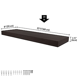 Ballucci Floating Shelf Extra Wide, 24" L Wood Wall Mounted Ledge with Invisible Bracket for Living Room, Bedroom, Bathroom, Kitchen, Nursery, 8" Deep - Espresso