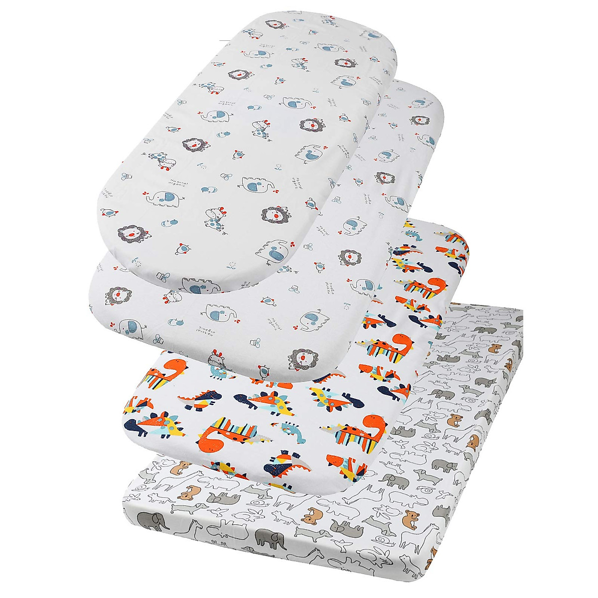 Jersey Cotton Bassinet Sheet Set 3 Pack Fitted Cradle Sheets, Ultra Soft Stretch 190 GSM, for Baby Boy, Universal Fit Rectangle Oval Hourglass Bassinet Mattress, Dinosaur Elephant Koala