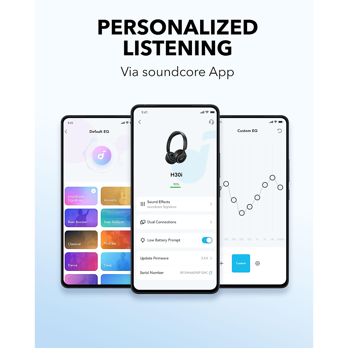 Soundcore H30i Wireless On-Ear Headphones, Foldable Design, Pure Bass, 70H Playtime, Bluetooth 5.3, Lightweight and Comfortable, App Connectivity, Multipoint Connection (Black) (Renewed)