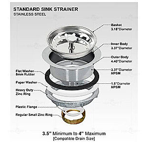 Highcraft 7511 Kitchen Sink (3-1/2'' Inch) Stainless Steel Drain Assembly With Strainer Basket-and Rubber Stopper, 3.5