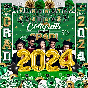 Green Gold Graduation Party Decorations 2024,Class of 2024 Graduation Party Supplies Include Congrats Grad Banner, Grad Backdrop, Porch Sign,Balloons,Foil Number 2024 for Graduation Party Supplies
