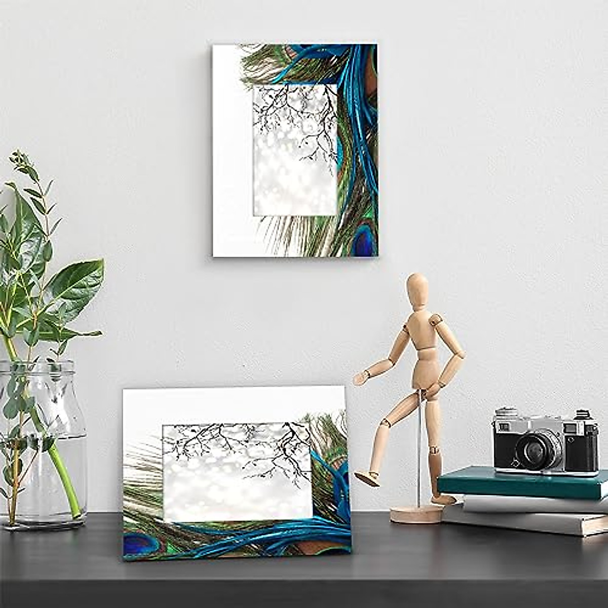 Peacock Feather 8x10 Picture Frame, Boho Wooden Photo Frame for Wall Mounting or Tabletop Living Room Bedroom Home Decor