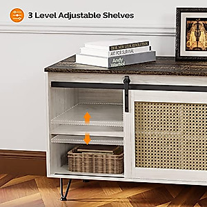 VINGLI Rattan TV Stand for TV's up to 75 Inch Farmhouse Boho Entertainment Center with Sliding Barn Door for Living Room, White, 70(W) x15.8(D) x23.6(H)
