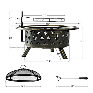 Breezestival 30 inch Fire Pits for Outside with Grill Outdoor Wood Burning with Removable Cooking Swivel BBQ Grill, Cover & Fire Poker for Backyard Bonfire Patio(Black)