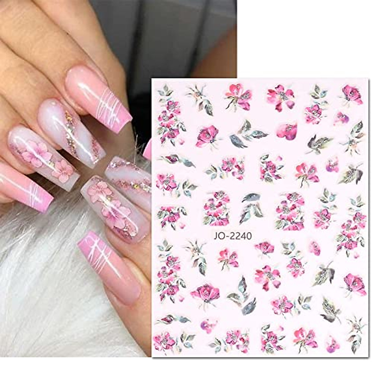 JMEOWIO 12 Sheets Spring Flower Nail Art Stickers Decals Self-Adhesive Pegatinas Uñas Leaves Nail Supplies Nail Art Design Decoration Accessories