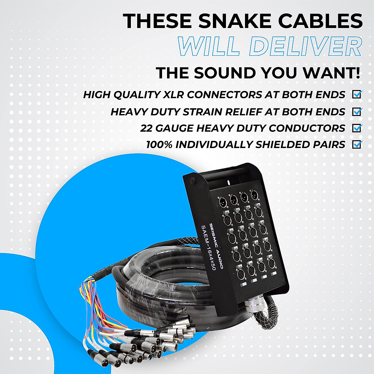 Seismic Audio - 16 Channel XLR SNAKE CABLE 50' long - 16 XLR sends and 4 XLR returns - Color Coded, Numerically well labeled - Heavy Duty 50 feet long