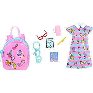 Barbie Clothes Set, School-Themed with Dress, 5 Acessories & Zippered Doll-Sized Backpack with Clip-On Ring