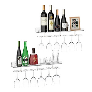Hexsonhoma 24'' Clear Wine Glass Holder Wall Mounted 2 Pack, Acrylic Wall Bar Shelf with Removable Glasses Holder, Floating Bar Shelves for Wine Bottles, Liquor Bottles, Glasses