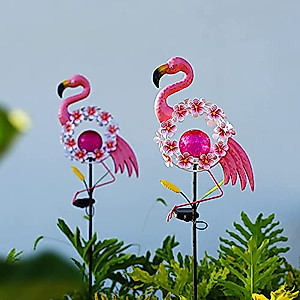 Starryfill 40.5" (H) Garden Solar Lights Outdoor Metal Flamingo Pink Hydrangea Flower Crackle Glass Globe Stake Lights Waterproof Warm White LED for Pathway Lawn Patio or Courtyard(1 PCS)