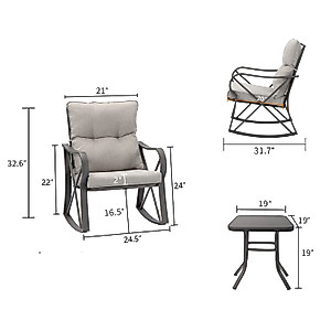 COSIEST 3 Piece Bistro Set Patio Rocking Chairs Outdoor Furniture w Warm Gray Cushions, Glass-Top Table for Garden, Pool, Backyard